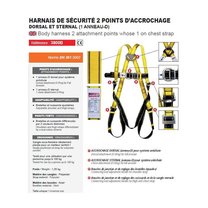 Harnais de sécurité 2 points d'accrochage REF 3800B NORME EN361 MARQUE ...