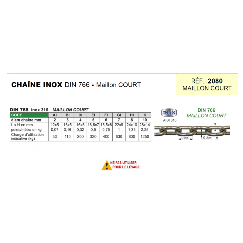 Chaîne INOX 316 Norme DIN 766