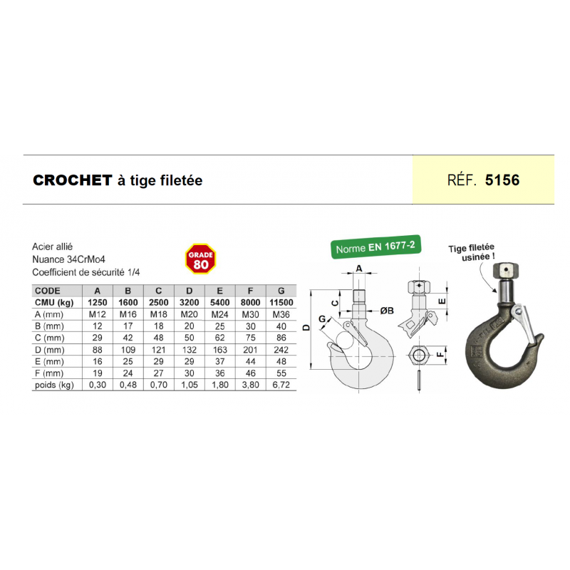 Crochet à tige filetée linguet de sécurité